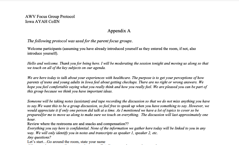 Iowa CoIIN Focus Group Protocol with Youth and Parents - AMCHP