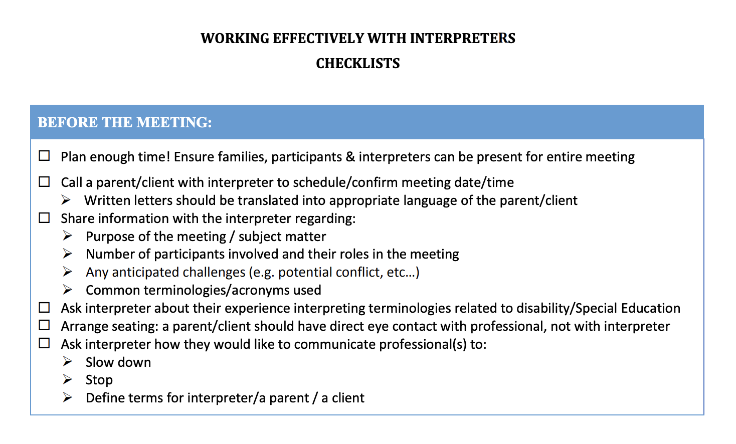 Working Effectively with Interpreters Checklists - AMCHP