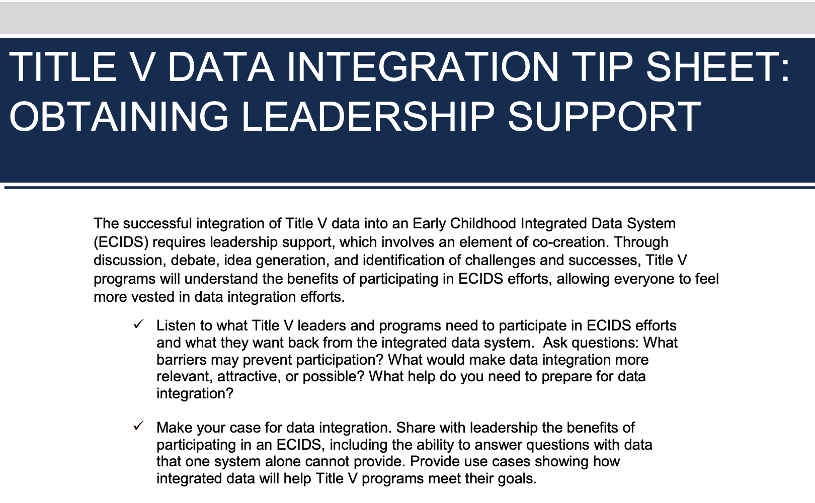 Title V Data Integration Tip Sheet: Obtaining Leadership Support - AMCHP