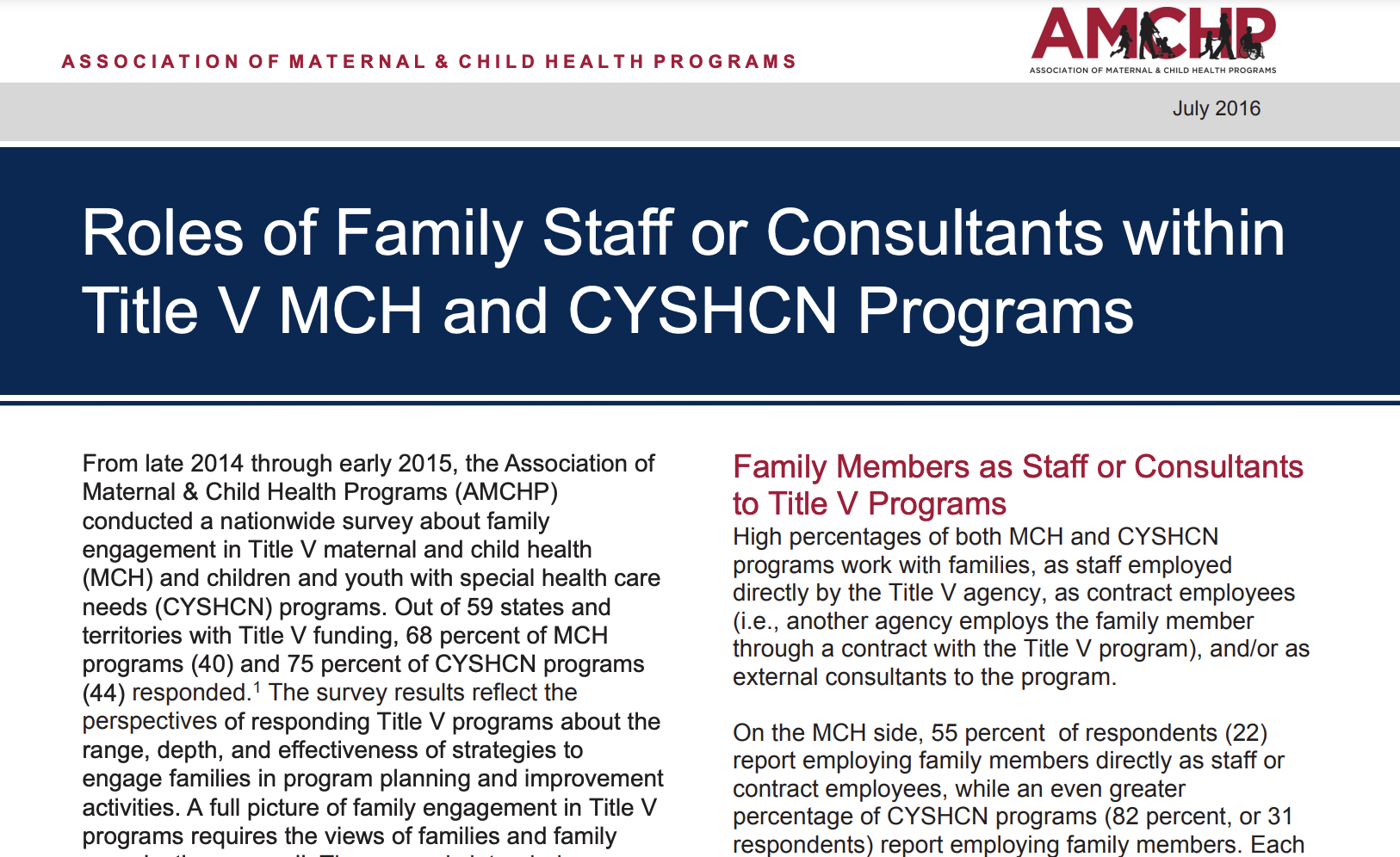 Roles of Family Staff or Consultants within Title V MCH and CYSHCN ...