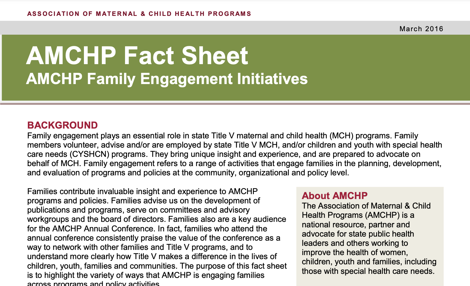 AMCHP Fact Sheet AMCHP Family Engagement Initiatives - AMCHP