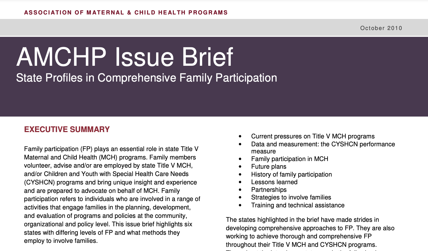 AMCHP Issue Brief State Profiles in Comprehensive Family Participation ...